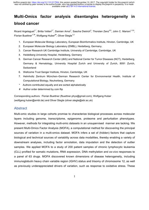 Pdf Multi Omics Factor Analysis A Framework For Unsupervised Integration Of Multi Omic Data Sets