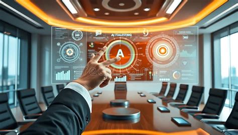 Analyzing Ai Data On Futuristic Screen In Modern Conference Room Stock Illustration