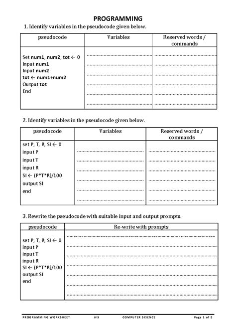 Algorithms Worksheet Identify Variables In The Pseudocode Given Below Pseudocode Variables