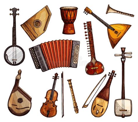 Ethnic Musical Instruments Sketches Set Stock Vector Illustration Of