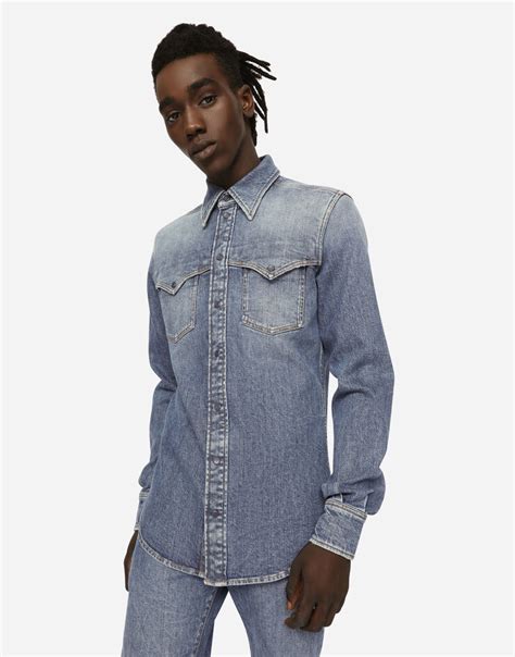 Light Blue Wash Stretch Denim Shirt In Multicolor For For Men Dolce