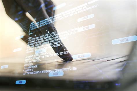 배경 인공 지능 및 기계 학습 개념에 컴퓨터 키보드에 입력 손으로 추상 프로그래밍 언어 홀로그램의 다중 노출 가상현실에 대한 스톡 사진 및 기타 이미지 Istock