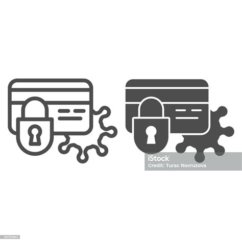 阻止卡和病毒線和固體圖示 支付問題的概念 銀行卡與鎖和細菌細胞標誌在白色背景 安全鎖卡與病毒圖示在輪廓向量圖形向量圖形及更多冠狀病毒圖片