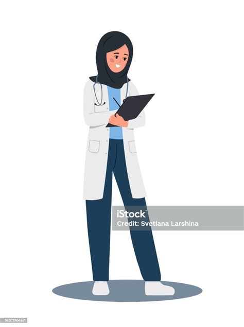의료 처방전을 쓰는 여성 의사 히잡을 쓴 아라비아 여자가 환자를 위한 레시피가 담긴 클립보드를 들고 있다 의료 치료 및 약국 개념 평면 만화 스타일의 벡터 그림 서 있기에