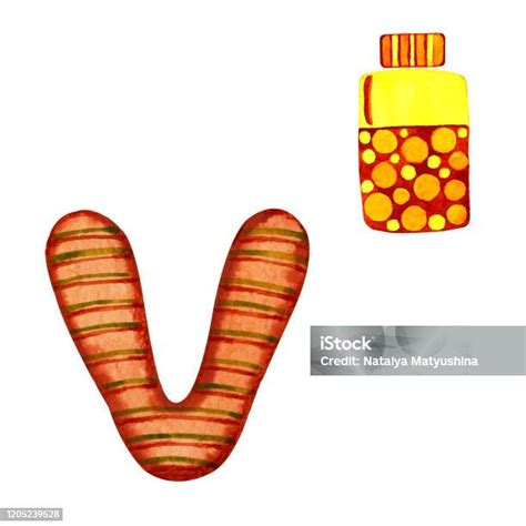 사진과 함께 멀티 컬러 만화 영어 알파벳의 문자 V 흰색 배경에 격리 된 손 클로즈업 수채화 그림입니다 어린이 제품의 교육 및