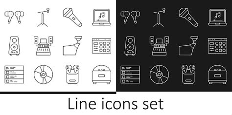 스테레오 스피커 드럼 머신 마이크 음악 녹음 스튜디오 에어 헤드폰 영화 스포트라이트 및 스탠드 아이콘을 설정할 수 있습니다 벡터 Mp3 플레이어에 대한 스톡 벡터 아트 및