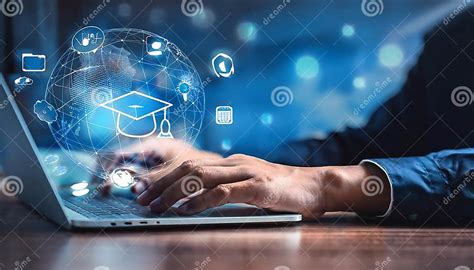 Human Hands Typing On Laptop Keyboard With Education Icons Overlapping Stock Illustration