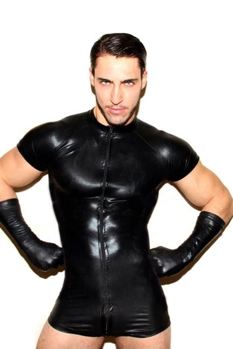 남자 젖은 봐 Catsuit 가짜 가죽 메쉬 점프 슈트 블랙 꽉 Wetlook 바디 슈트 섹시한 Clubwear 남성 란제리