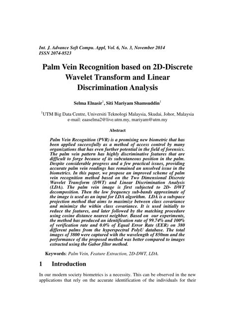 Pdf Palm Vein Recognition Based On 2d Discrete Wavelet Transform And