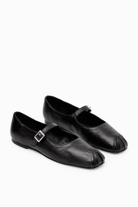 Pleated Leather Mary Jane Ballet Flats Black