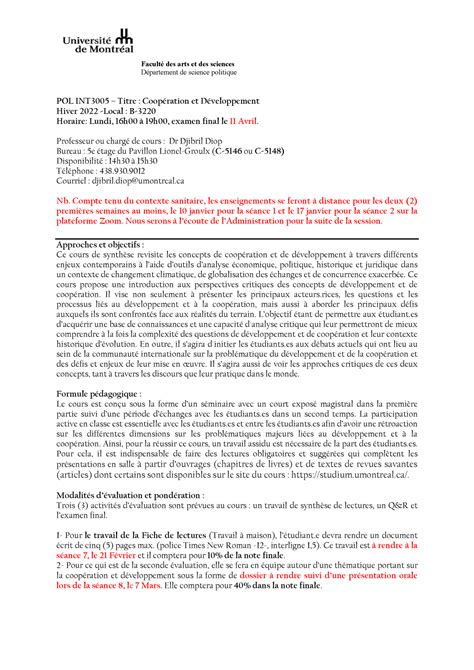 Plan de cours DD H 2022 FacultÈ des arts et des sciences DÈpartement