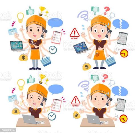 사무실에서 멀티 태스킹을 수행하는 패스트 푸드 서기 의 세트 Brand Name Smart Phone에 대한 스톡 벡터 아트 및