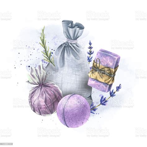 수제 비누와 목욕 폭탄 반점과 페인트의 배경에 라벤더 장식이있는 캔버스 가방 수채화 그림입니다 라벤더 스파 컬렉션의 구성 가방에 대한 스톡 벡터 아트 및 기타 이미지