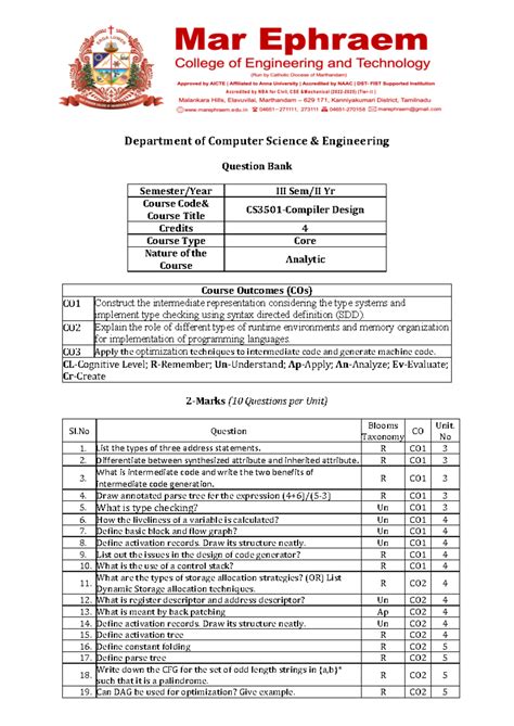 cs3501 cd qb 2 internal question paper department of computer
