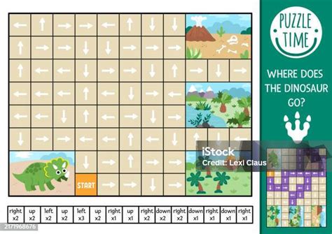 트리케라톱스를 가진 아이들을 위한 공룡 논리 미로 선사 시대 유치원 인쇄 가능한 활동 왼쪽 오른쪽 위 아래 개념의 미로 게임 또는 퍼즐 화살표를 따라 공룡이 어디로 가는지