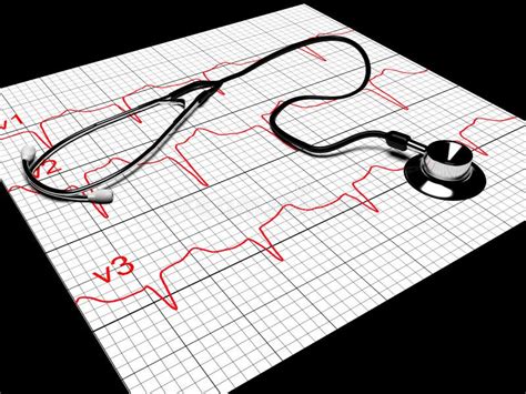 Red Heart And A Stethoscope Cardiogram 3d Render Stock Illustration