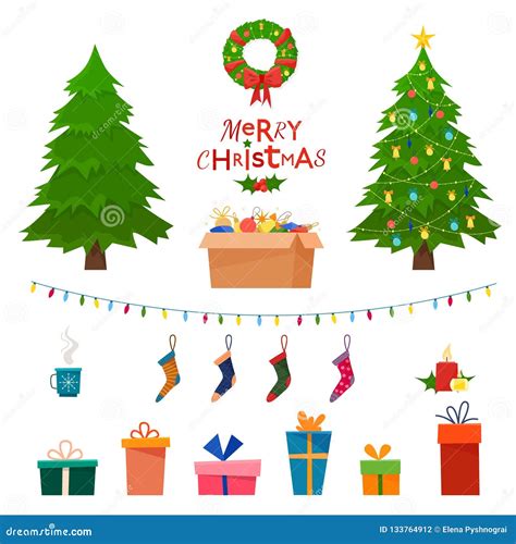 Christmas Set Wit Decorative Winter Objects Toys Gift Boxes Stock