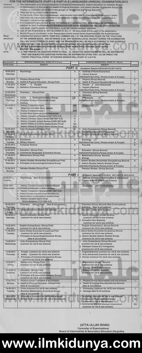 BISE Sargodha Board FA FSc Date Sheet Part