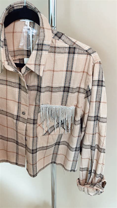 Gb Original Rhinestone Fringe Flannel In Camel