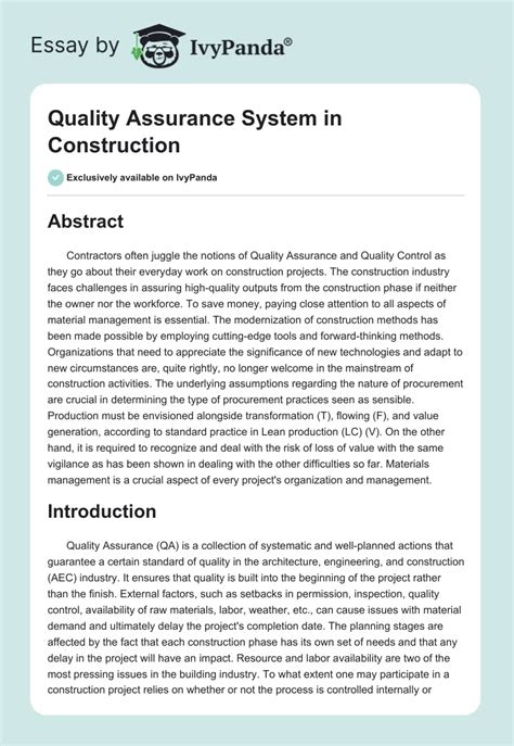 Quality Assurance System In Construction Words Report Example