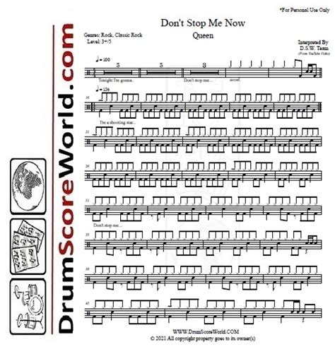 Queen Dont Stop Me Now Drum Sheet Drum Score Drum Note Drum