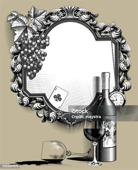 포도 병 및 와인 잔이있는 고전적인 바로크 양식의 장식 프레임 고전 양식에 대한 스톡 벡터 아트 및 기타 이미지 고전 양식 공란 그릇 Istock