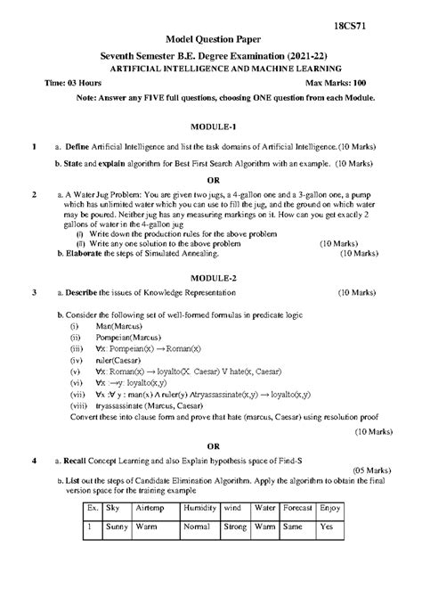 aiml 18cs model question paper seventh semester b degree examination