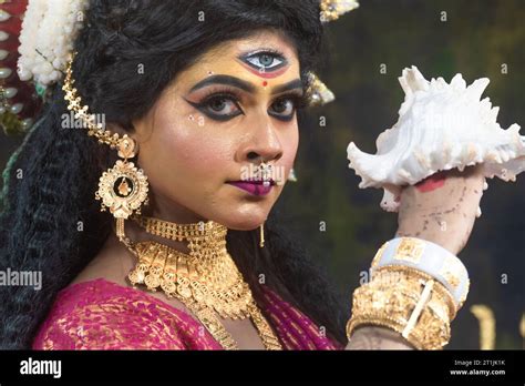 Portrait Of Beautiful Indian Girl Of Durga Idol Agomoni Concept Indoor