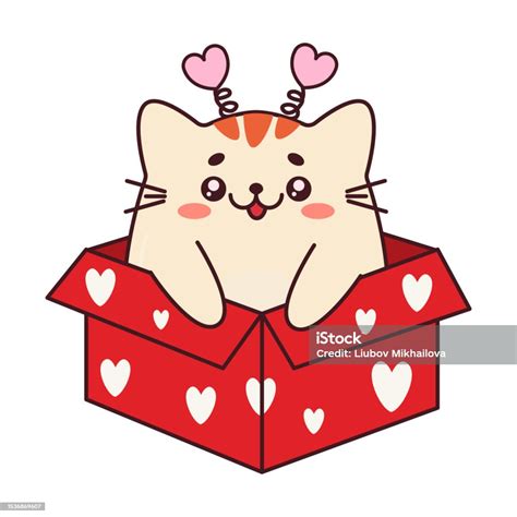 귀여운 고양이가 선물 상자에 앉아 있다 카와이 스타일의 뚱뚱한 집 고양이 벡터 그림입니다 가축에 대한 스톡 벡터 아트 및 기타