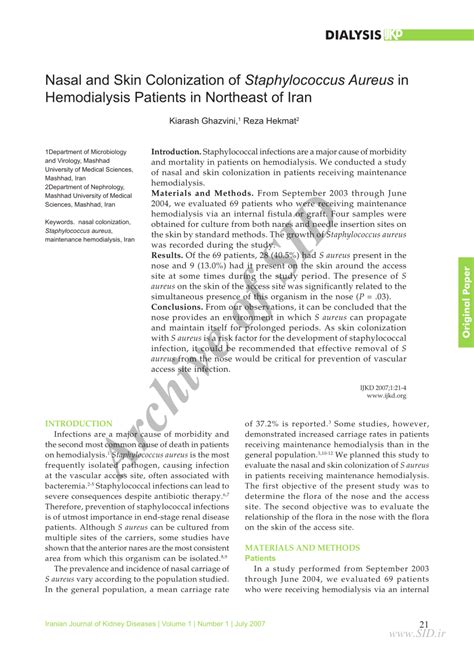 Pdf Nasal And Skin Colonization Of Staphylococcus Aureus In