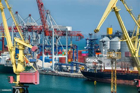 산업 항구 인프라 바다 크레인 및 건조화물선 곡물 사일로 및 벌크 캐리어 선박 해상화물 운송의 개념 상업 부두에 대한 스톡 사진 및 기타 이미지 Istock