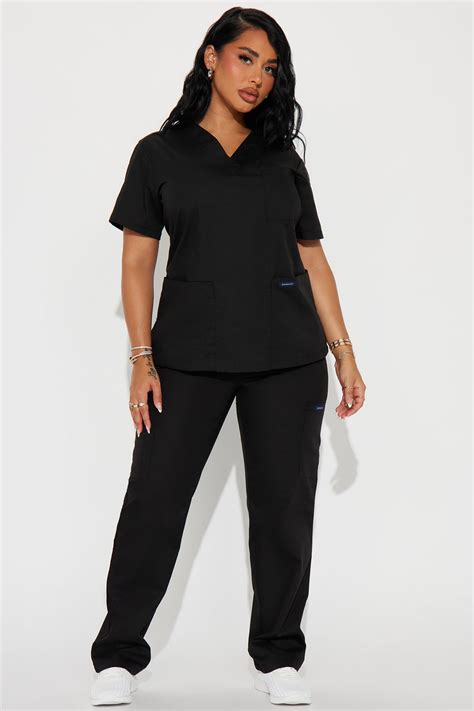 Checking In Cotton Blend Uniform 2 Piece Scrub Set Black Fashion
