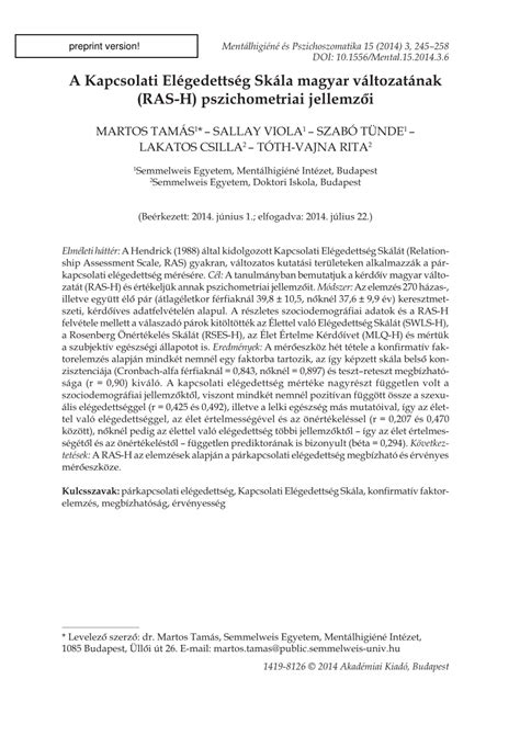 Pdf A Kapcsolati Elégedettség Skála Magyar Változatának Ras H Pszichometriai Jellemzõi