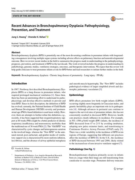 Recent Advances In Bronchopulmonary Dysplasia Pathophysiology Pdf