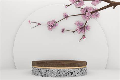 흰색 배경에 사쿠라 장식과 흰색 화강암 연단 3d 렌더링 0명에 대한 스톡 사진 및 기타 이미지 0명 3차원 형태 개념