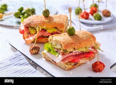 Homemade Ciabatta Sandwich With Guacamole Prosciutto Lettuce And
