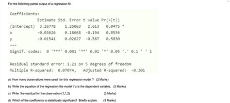 Solved For The Following Partial Output Of A Regression Fit Chegg