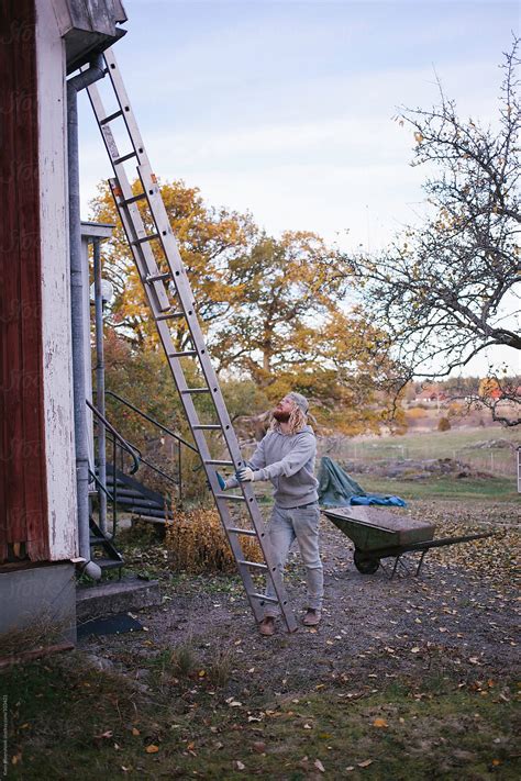 A Man Holding A Ladder To Climb The Roof Del Colaborador De Stocksy