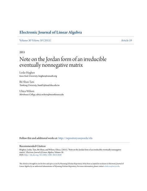 Pdf Note On The Jordan Form Of An Irreducible Eventually Nonnegative