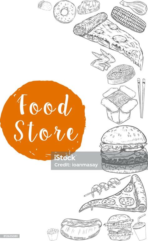 食品商店橫幅範本手繪食物插圖漢堡 比薩 熱狗 烤玉米向量插圖向量圖形及更多住宅建築圖片 住宅建築 做蛋糕 傳統 Istock