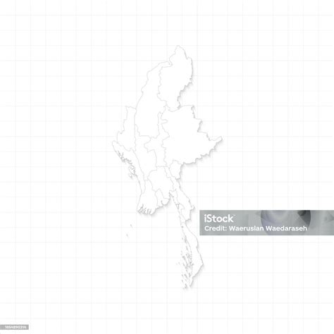 미얀마지도 와 국경 백색 격자 종이 배경에 얇은 까만 윤곽선 높은 상세지도 인포 그래픽 벡터 일러스트 레이 션 Eps10 미얀마에 대한 스톡 벡터 아트 및 기타 이미지