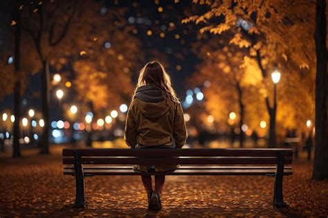 Premium Photo A Young Girl Sits On A Bench In The Night Autumn Park