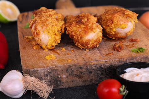 검은 대리석 배경에 소스를 곁들인 맛있는 수제 바삭바삭한 프라이드 치킨 0명에 대한 스톡 사진 및 기타 이미지 0명 갈색
