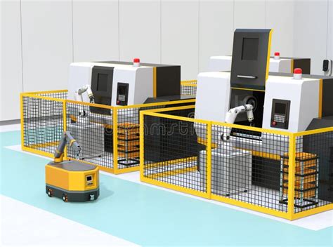 agv passing robot cell production units and cnc machines stock