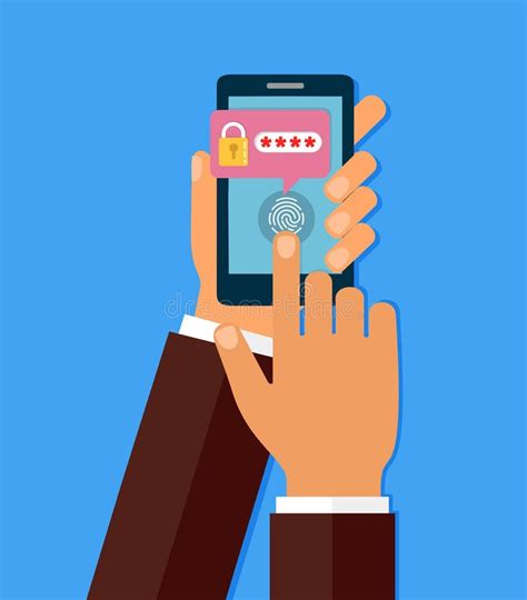 Hands With Smartphone Unlocked With Fingerprint Button And Password Notification Vector Mobile