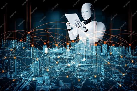 Premium Photo Xai Robot Humanoid Using Tablet Computer For Global Network Connection