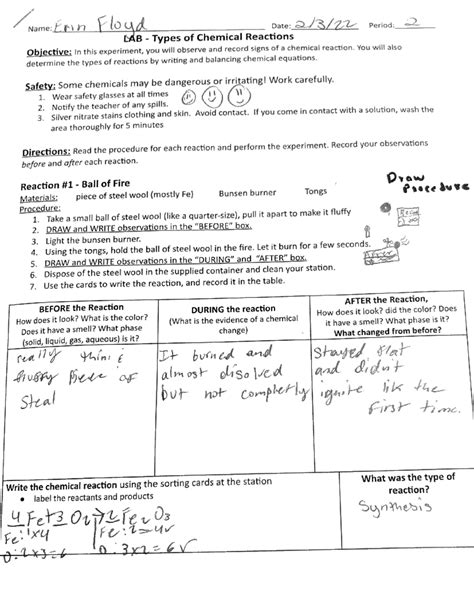 Lab Types Of Chemical Reactions Studocu