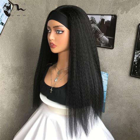 20 Long Black Afro Yaki Straight Synthetic Headband Wig For Black Women Fluffy Hair Wrap