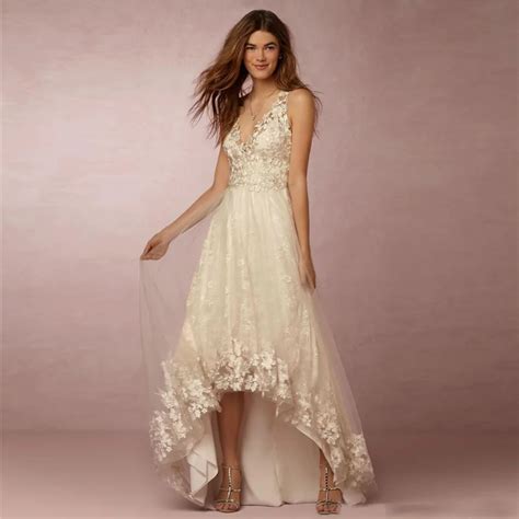 Modest Spring Appliqued Lace High Low Wedding Dresses V Neck Sleeveless Country Style Short