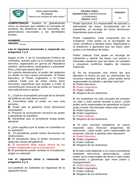 Prueba Saber Competencias Ciudadanas Cuarto Pdf Democracia